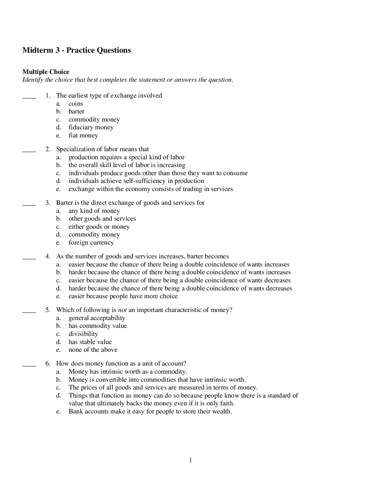 Practice Questions Multiple Choice Principles Of Economics Econ