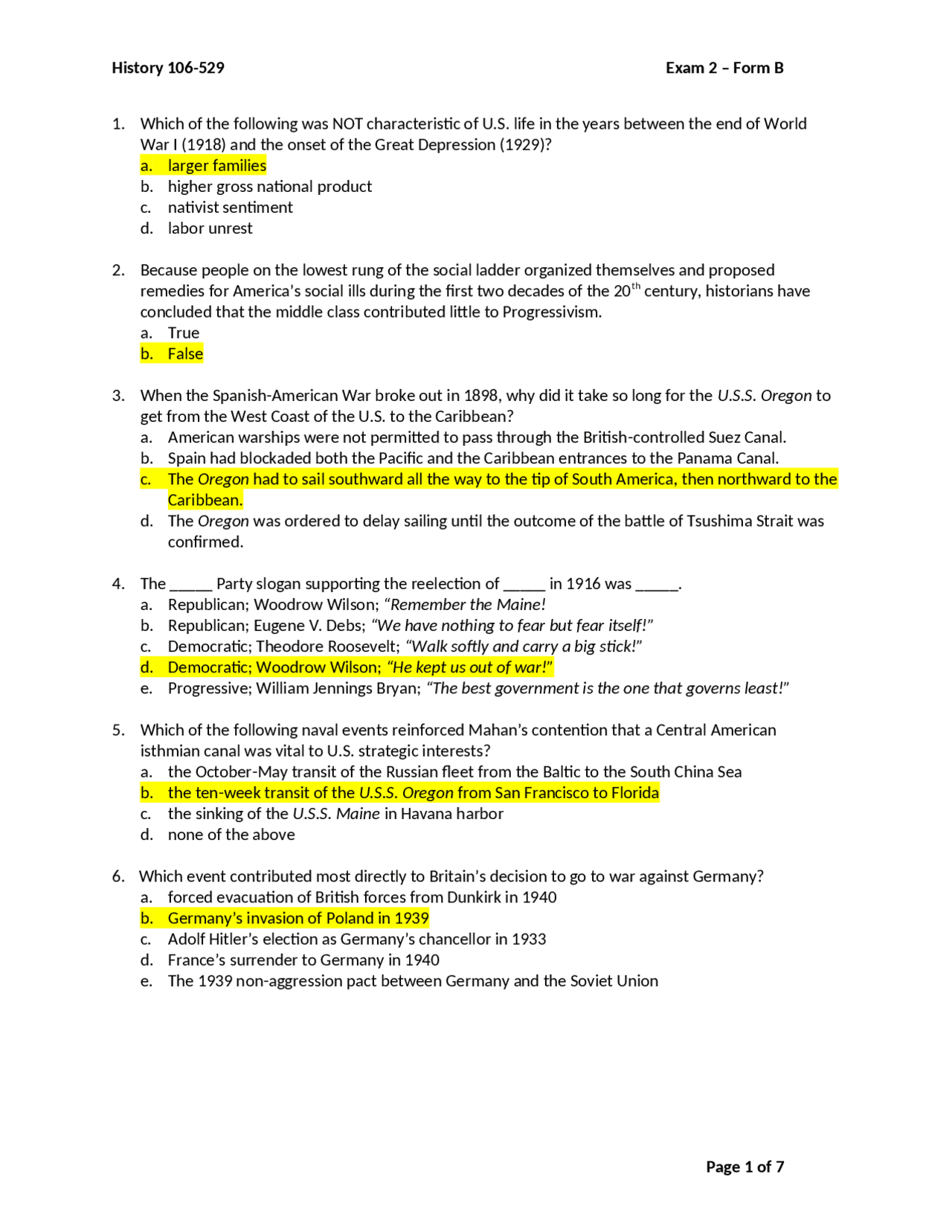 Exam 2 Resolution - History of United States | HIST 106 - Docsity