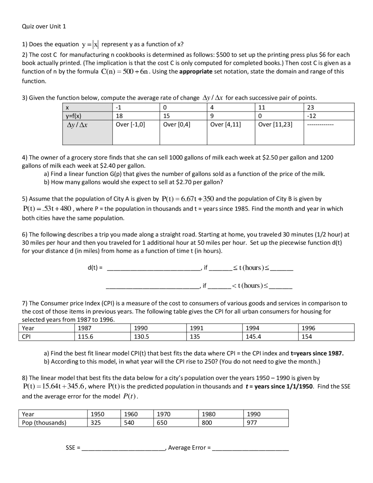 Introduction To Mathematical Modeling Quiz Over Unit 1 Math 1101
