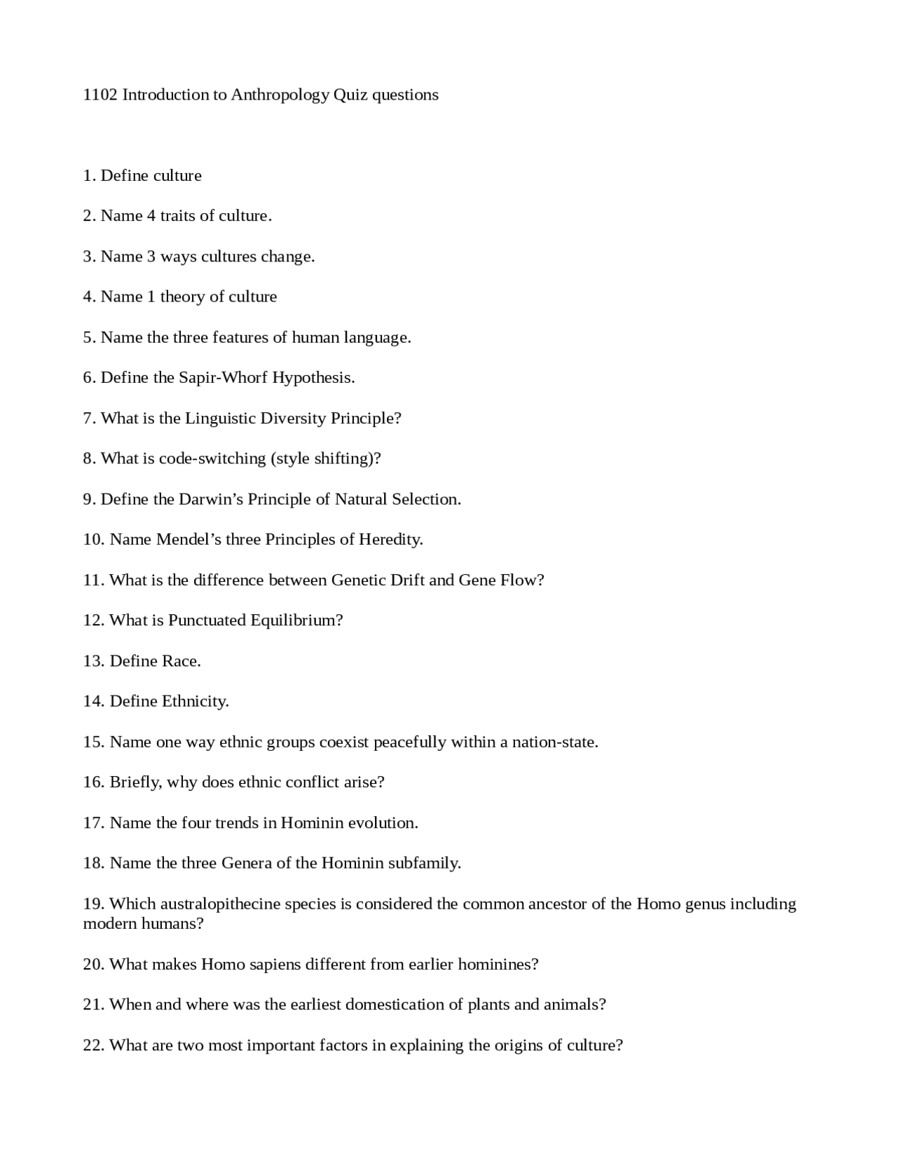Quiz Questions Introduction To Anthropology Anth 1102 Docsity