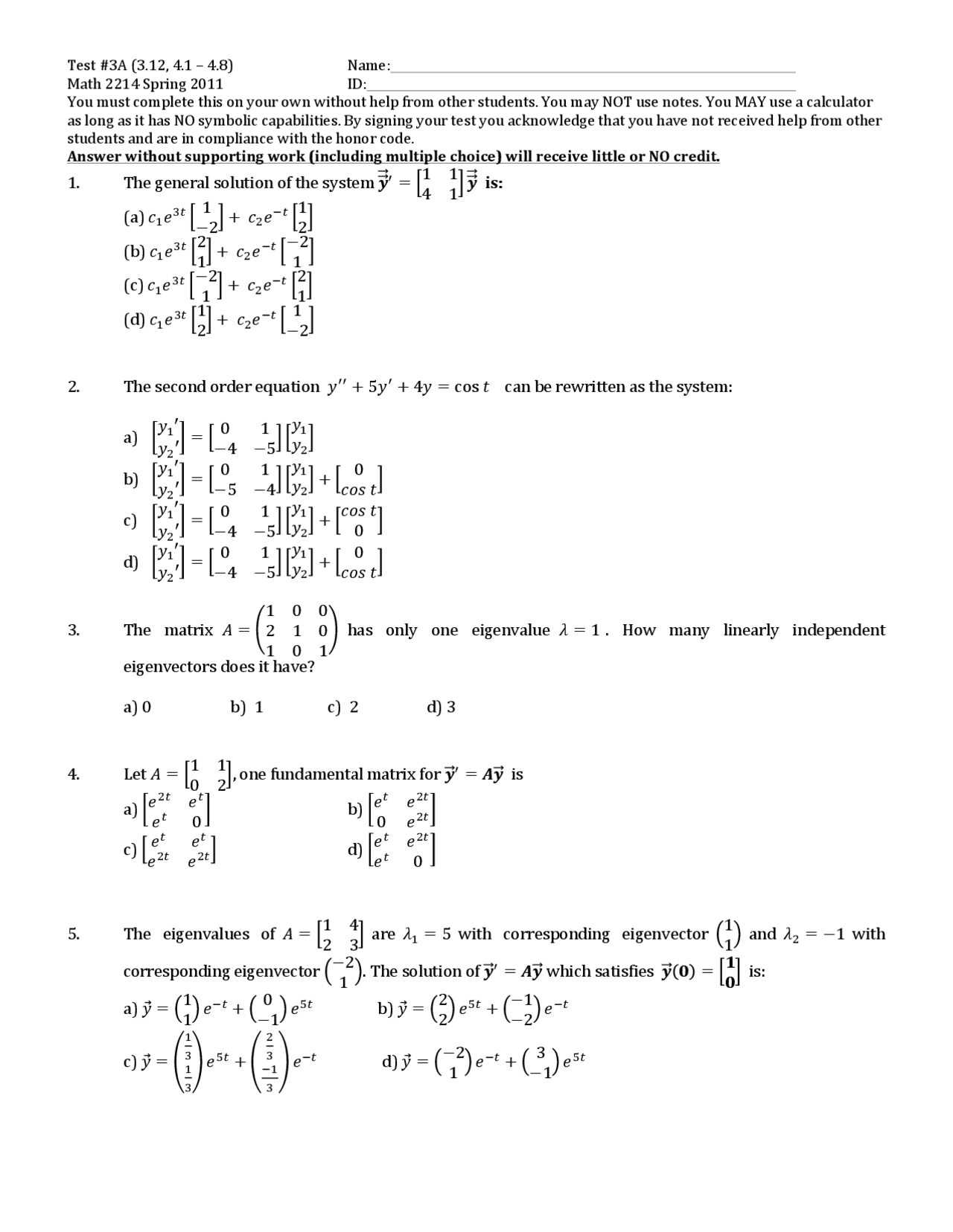 Introduction to Differential Equations - Final Exam Questions | MATH ...