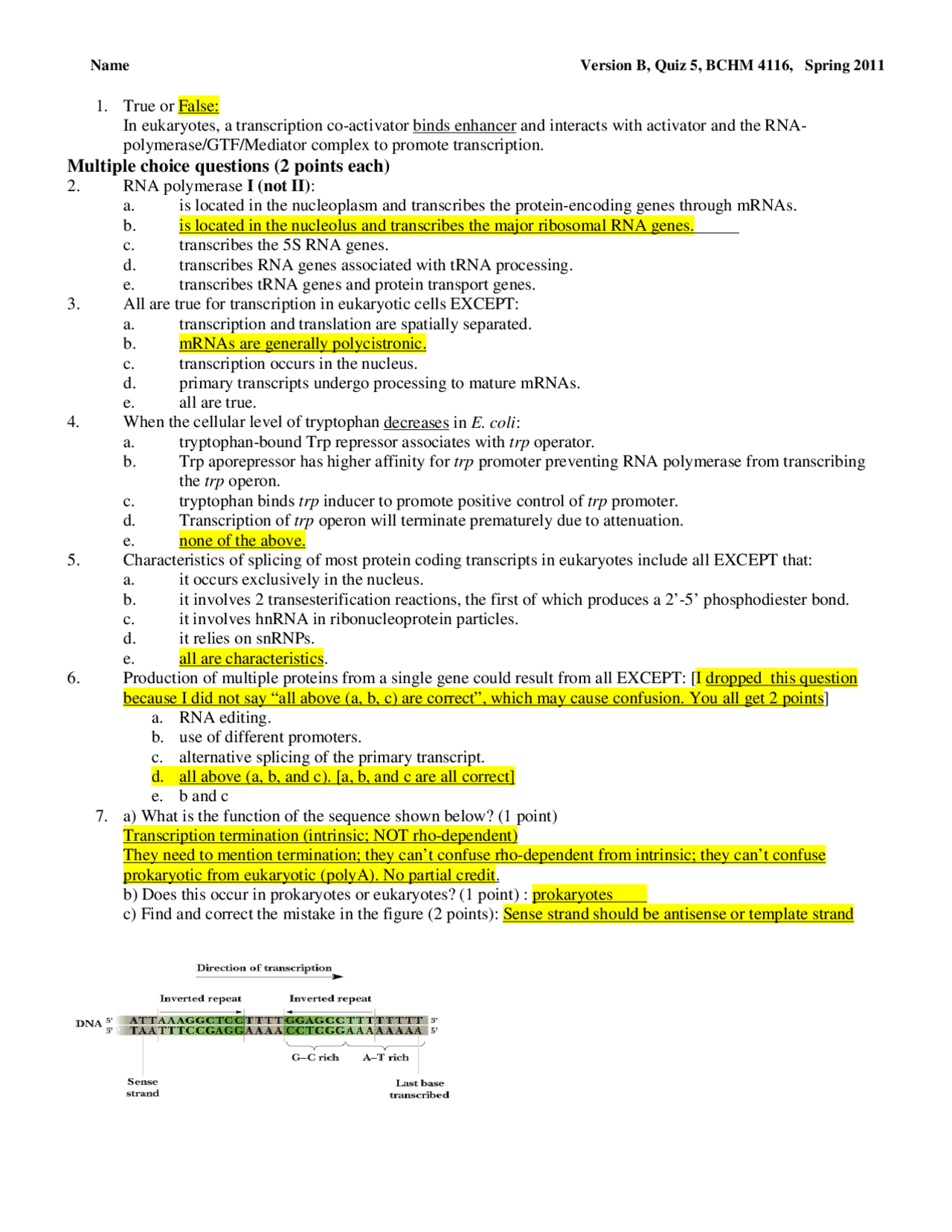 Quiz 5 With Solution For General Biochemistry Bchm 4116 Docsity