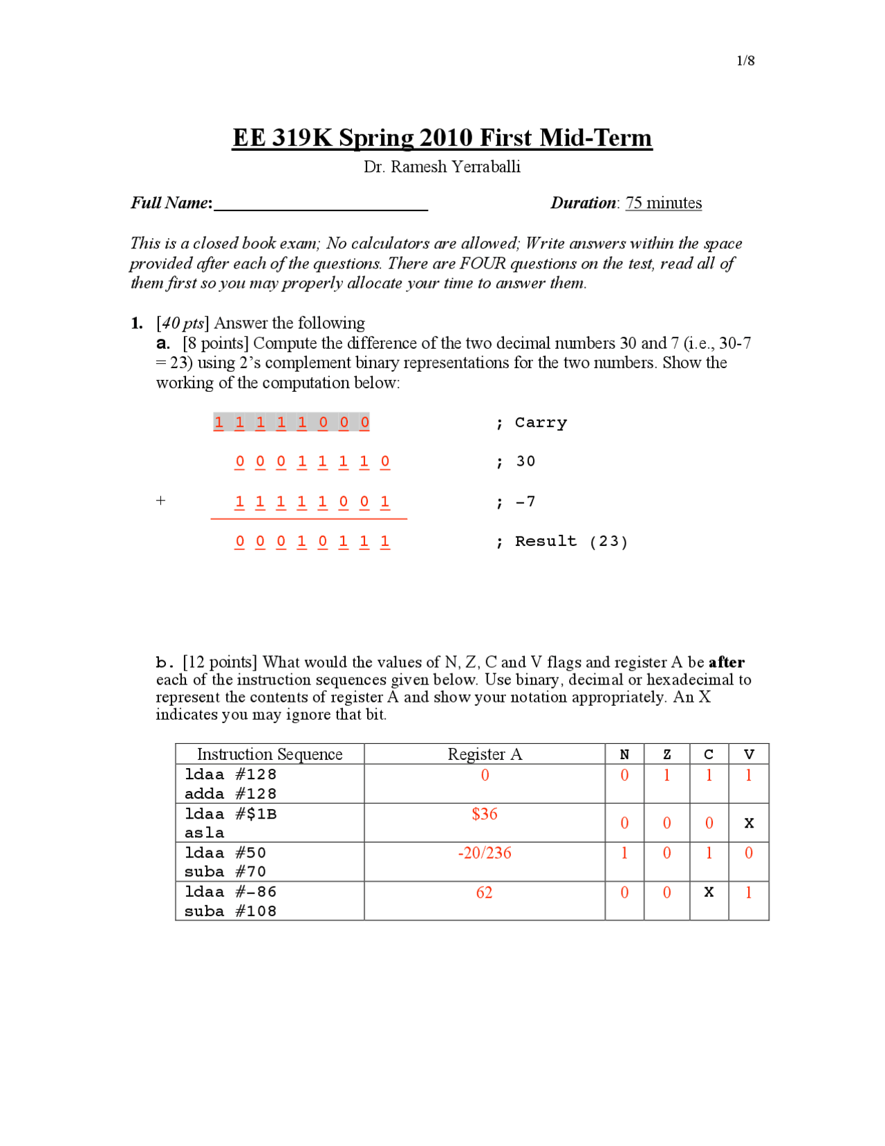 Introduction To Embedded Systems Solved Midterm Exam 1 E E 319k