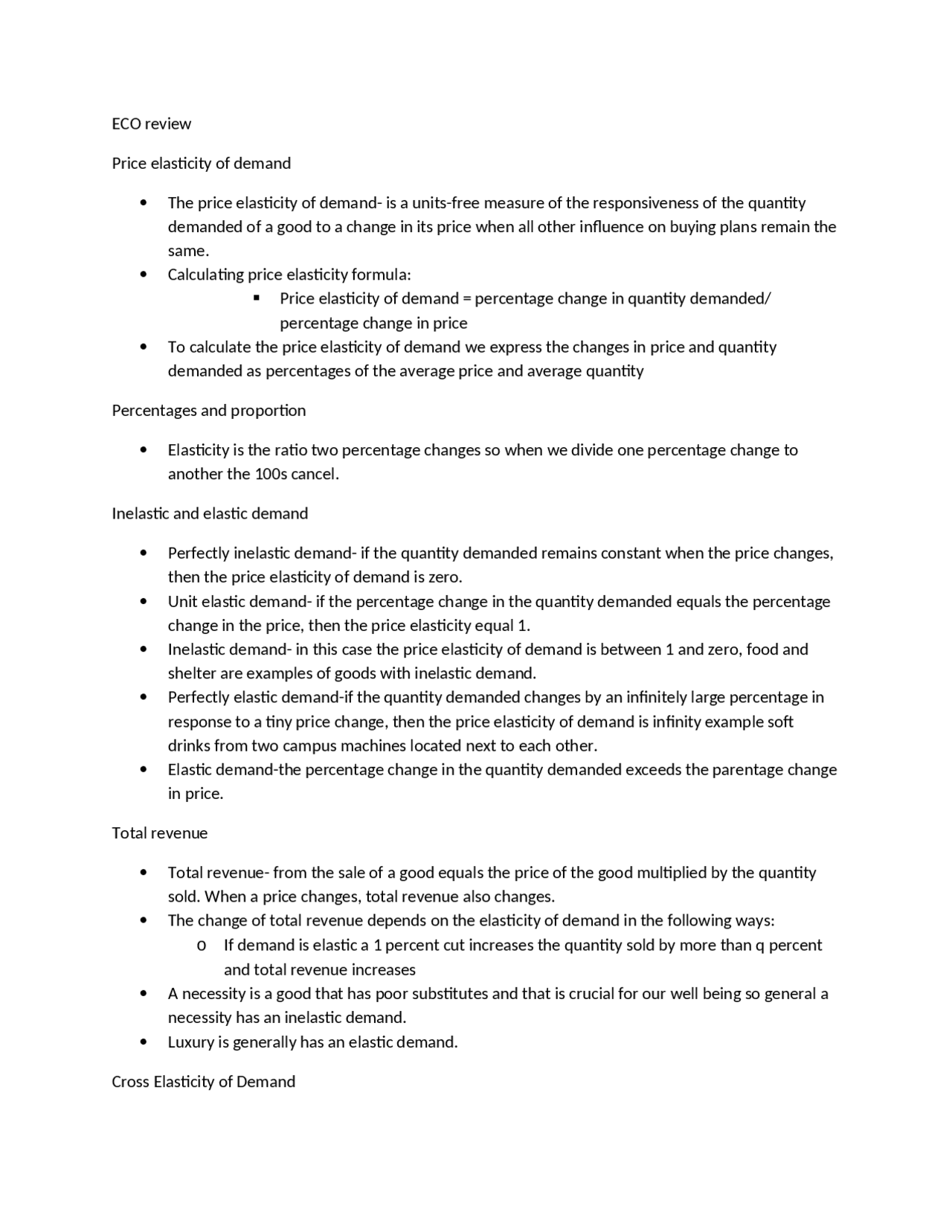 Test review 1 - Price of Elasticity of Demand - Notes | ECO 2314 - Docsity