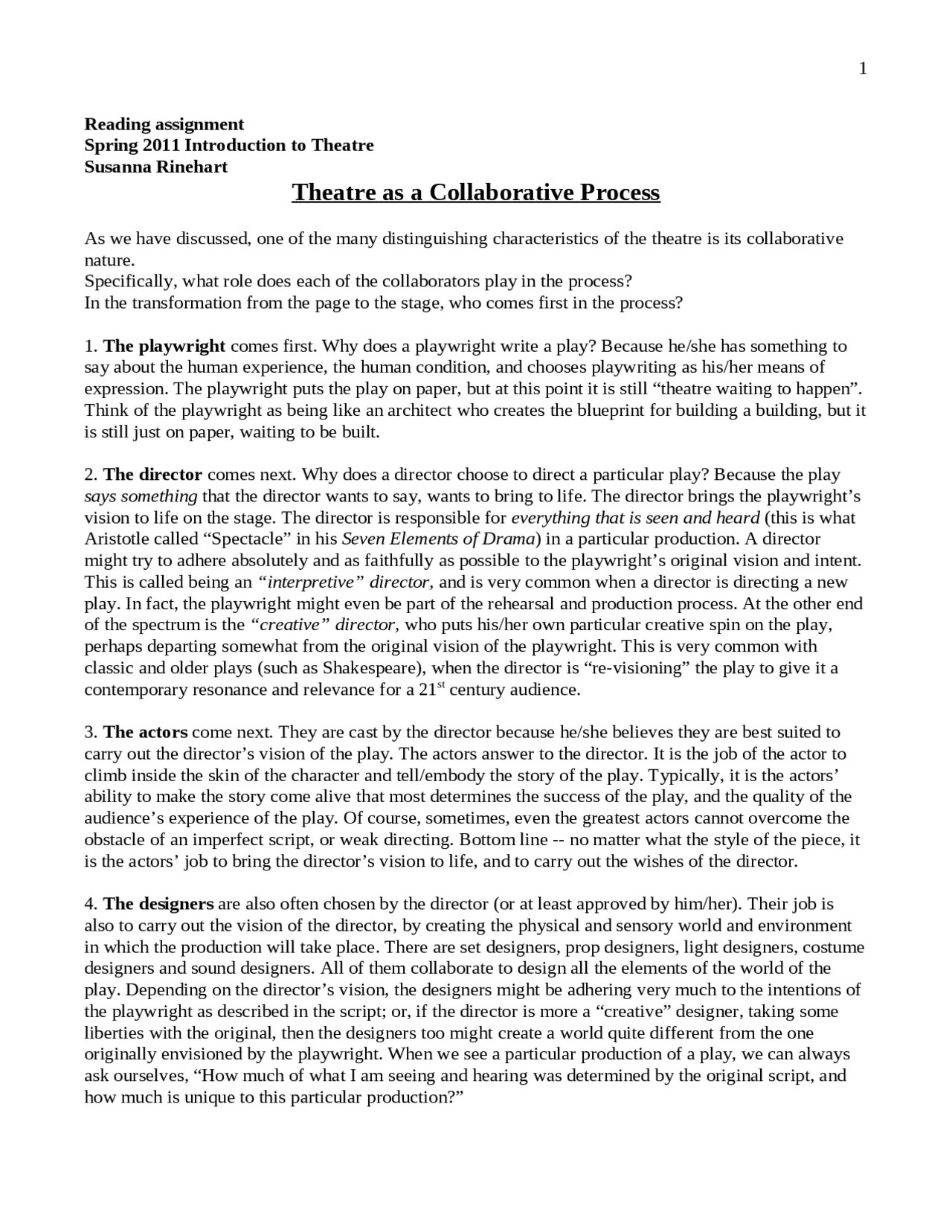 Introduction to Theatre and Susanna Rinehart Assignment | TA 2014 - Docsity