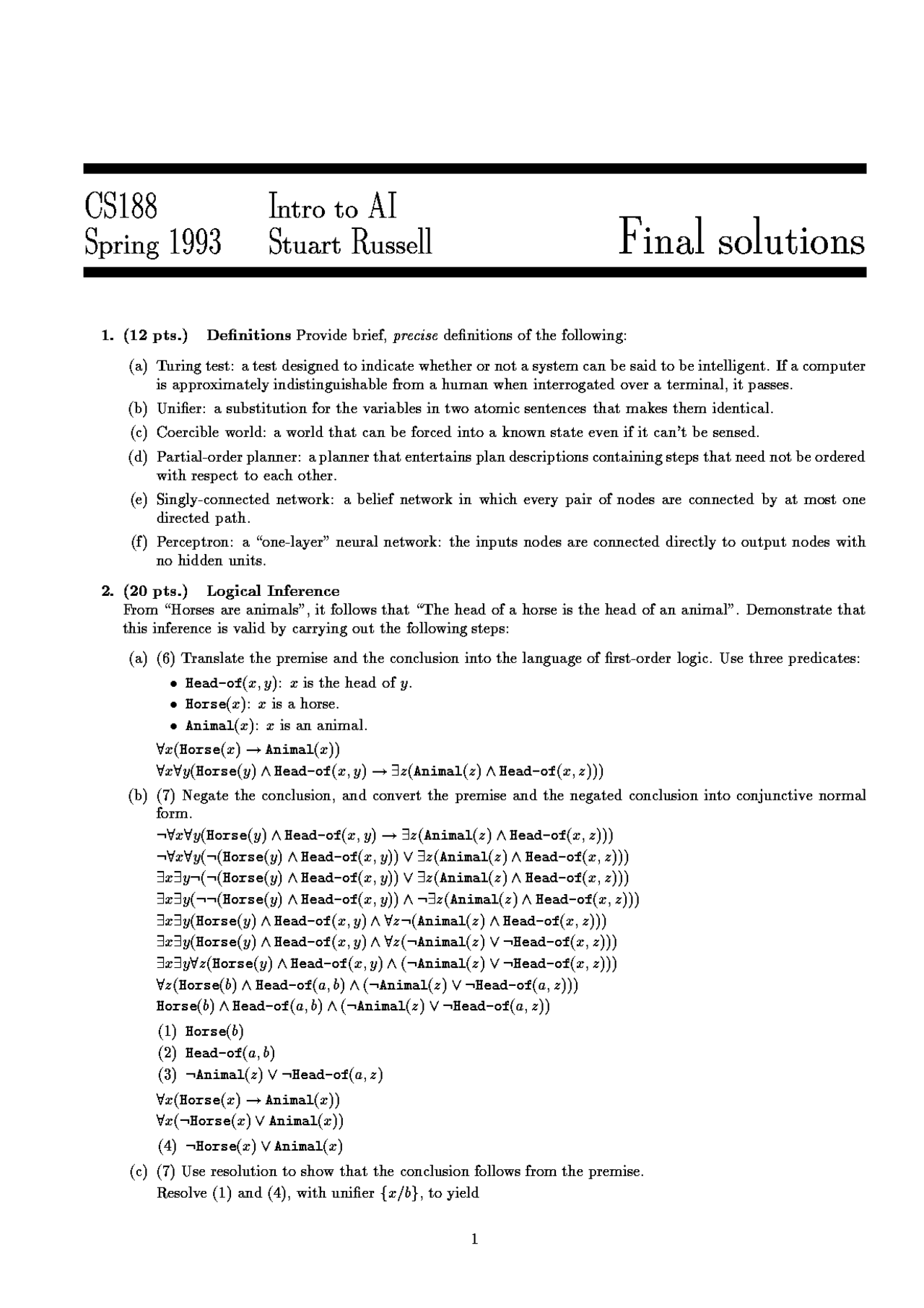 Final Exam Solution Introduction To Artificial Intelligence Compsci 188 Docsity