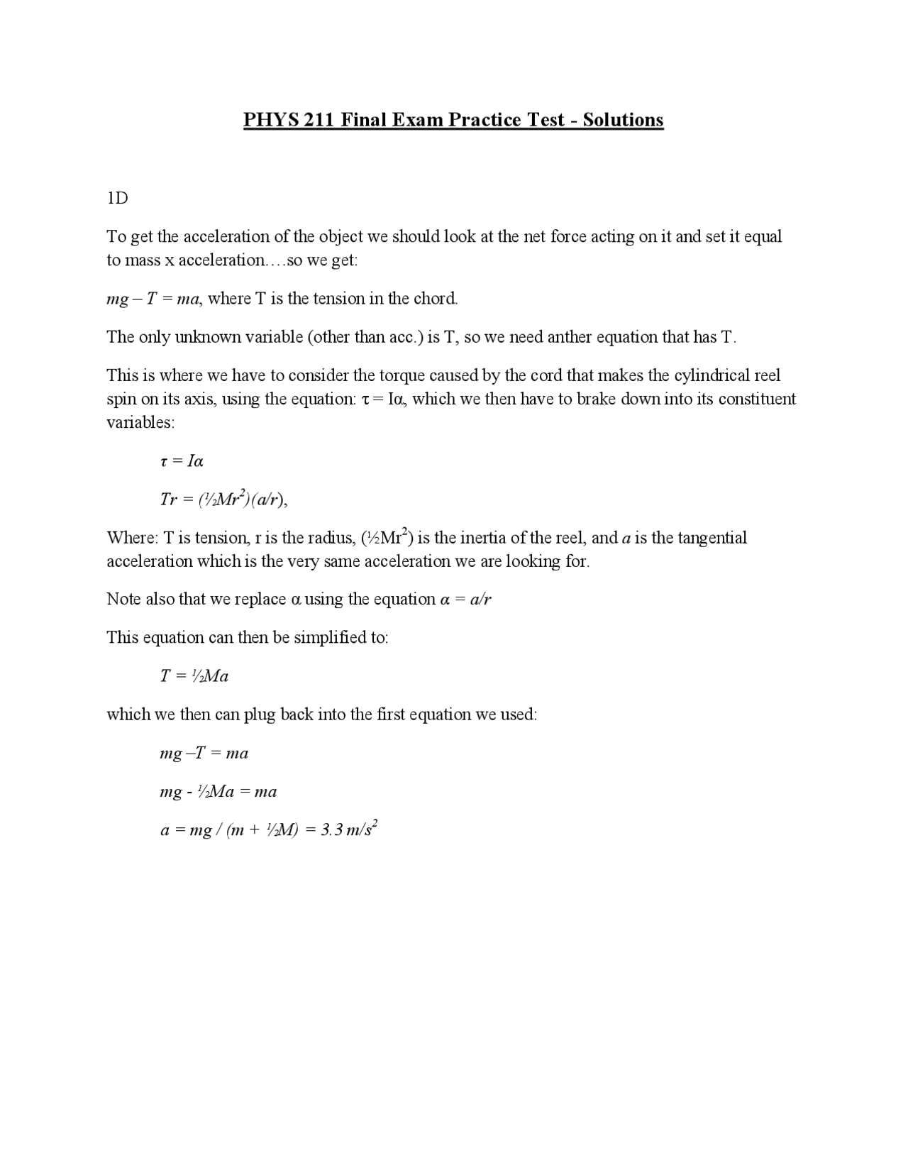 Final Exam with Solution - General Physics: Mechanics | PHYS 211 - Docsity