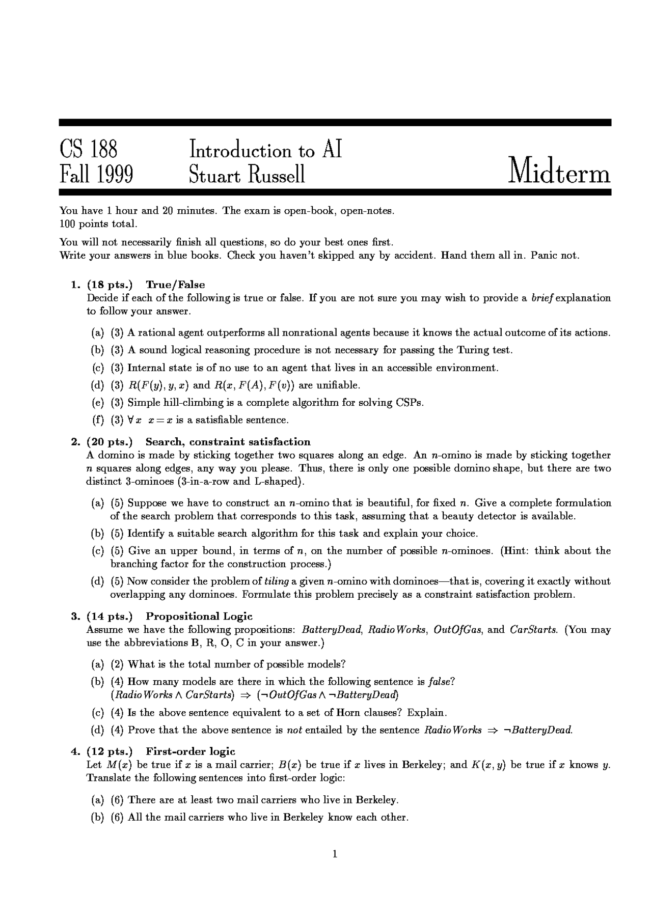 Midterm Questions Introduction To Artificial Intelligence Compsci 188 Docsity