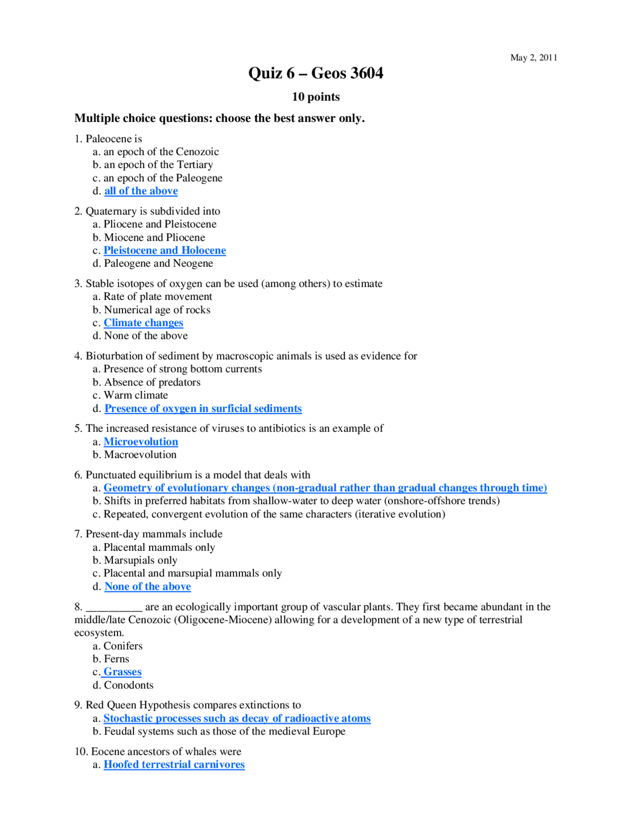 10 Mcqs For Quiz 6 Paleontology Geos 3604 Quizzes Geology Docsity