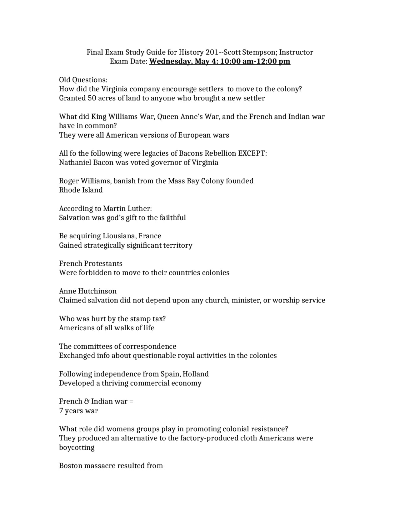 Final Exam Study Guide - American History to 1877 | HIST 201 - Docsity