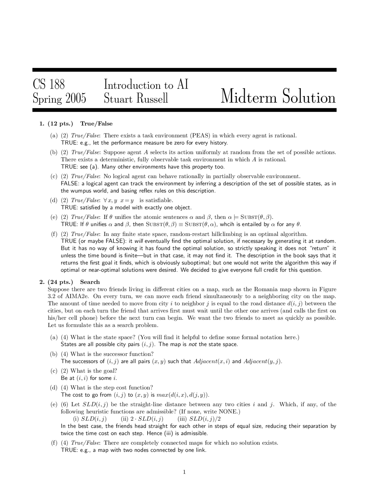 Logical Knowledge Representation Search Of Game Playing Midterm Exam Compsci 188 Docsity