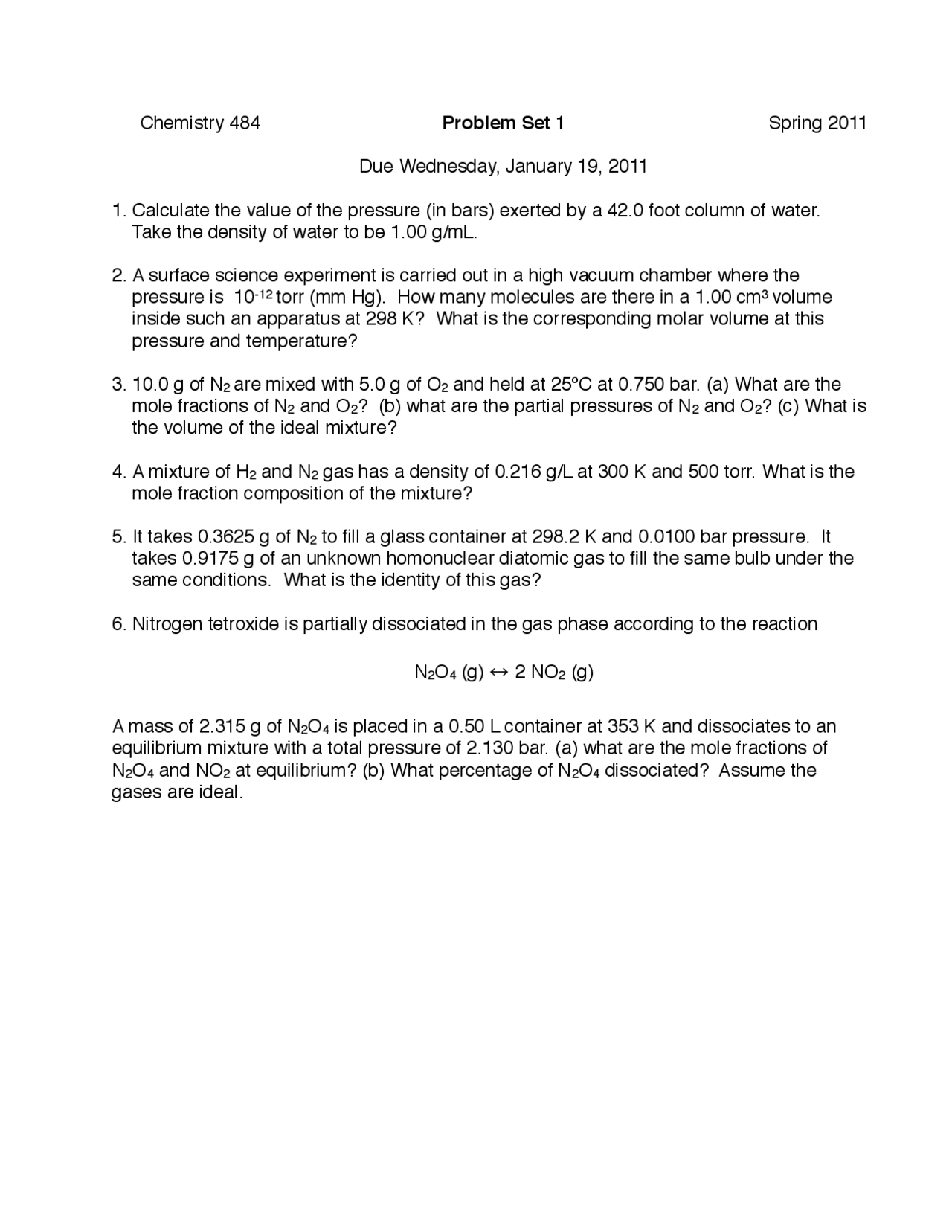 Problem Set 1 With Solutions Molecular Thermodynamics Cem 484 Docsity