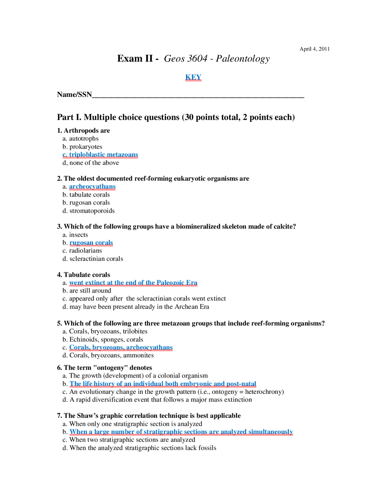 Exam 2 With Solutions Paleontology Geos 3604 Docsity