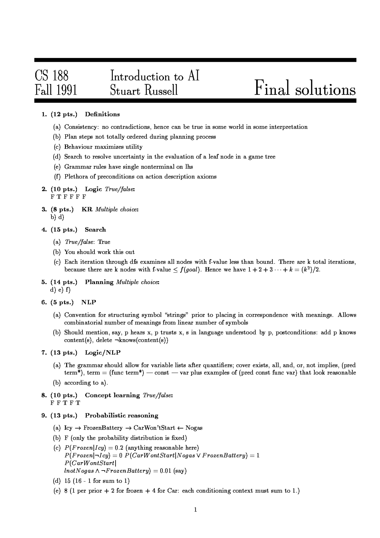 Final Exam Solutions Introduction To Artificial Intelligence Fall 1991 Compsci 188 Docsity