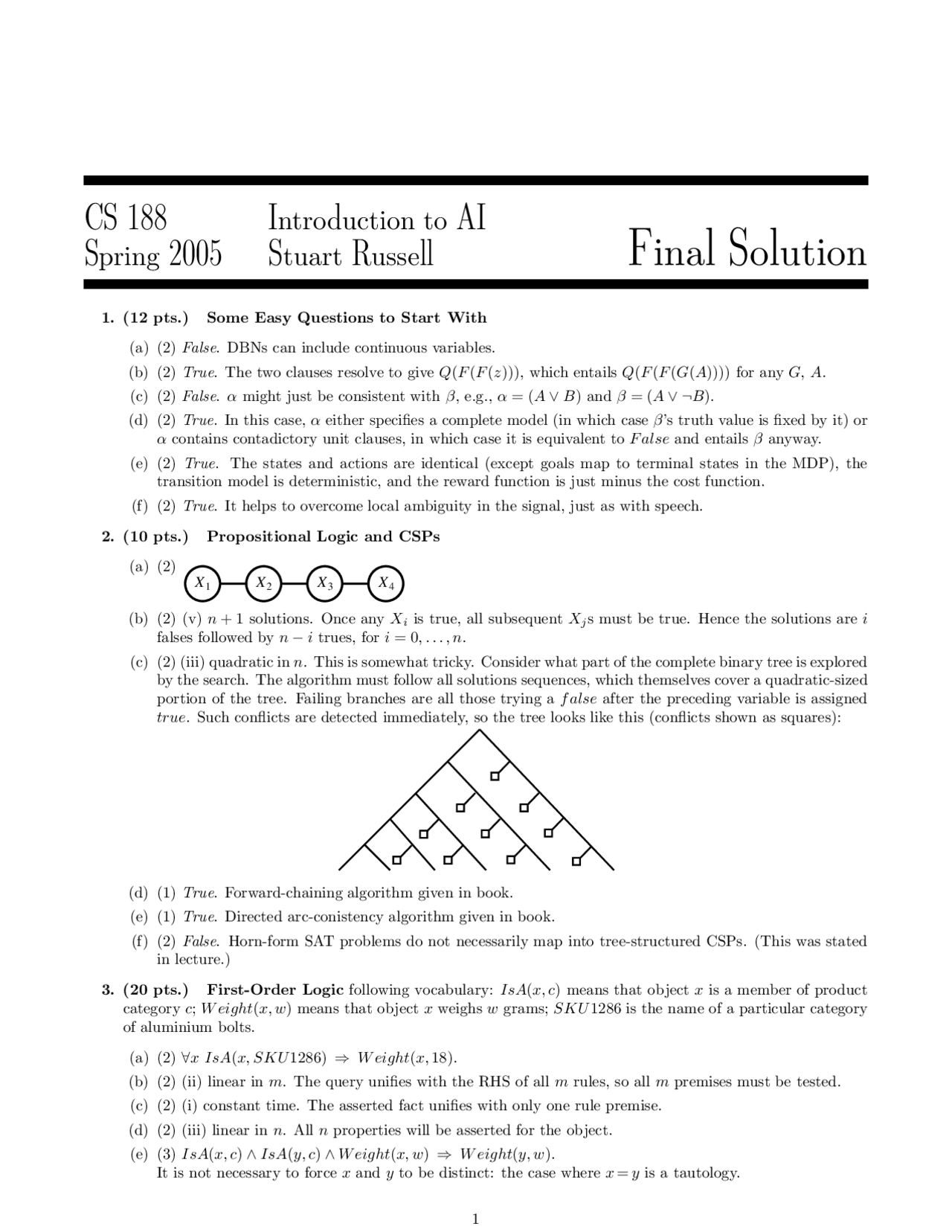Final Exam Solutions Introduction To Artificial Intelligence Compsci 188 Docsity