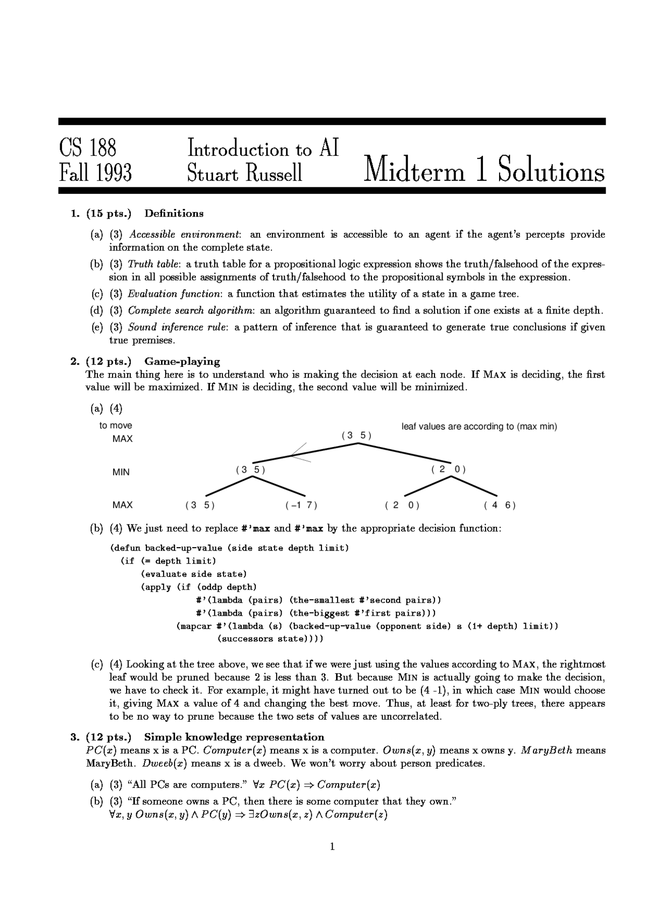 Introduction To Artificial Intelligence Midterm Exam 1 Solutions Compsci 188 Docsity