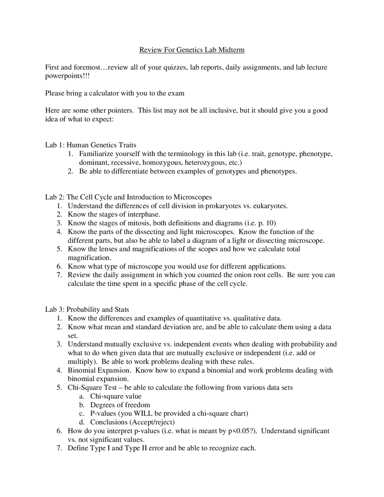 Midterm Exam Review Genetics Laboratory Bio 2106 Docsity