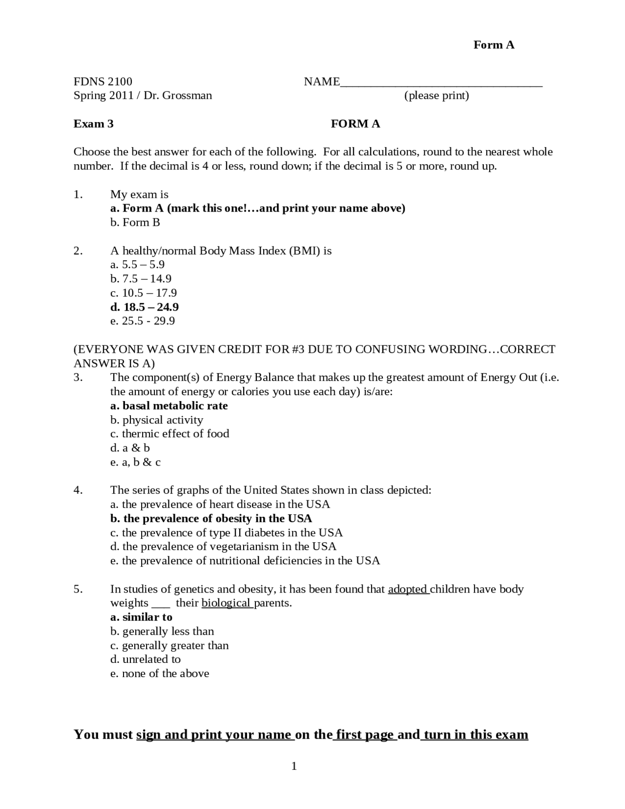Exam 3 with Answer Key for Human Nutrition and Food | FDNS 2100 - Docsity