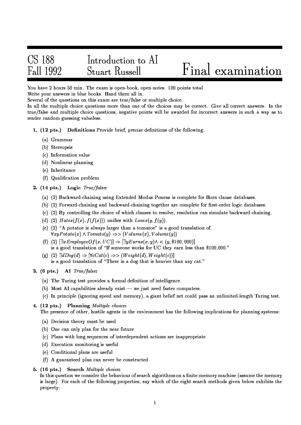 Final Examination Questions Introduction To Artificial Intelligence Compsci 188 Docsity