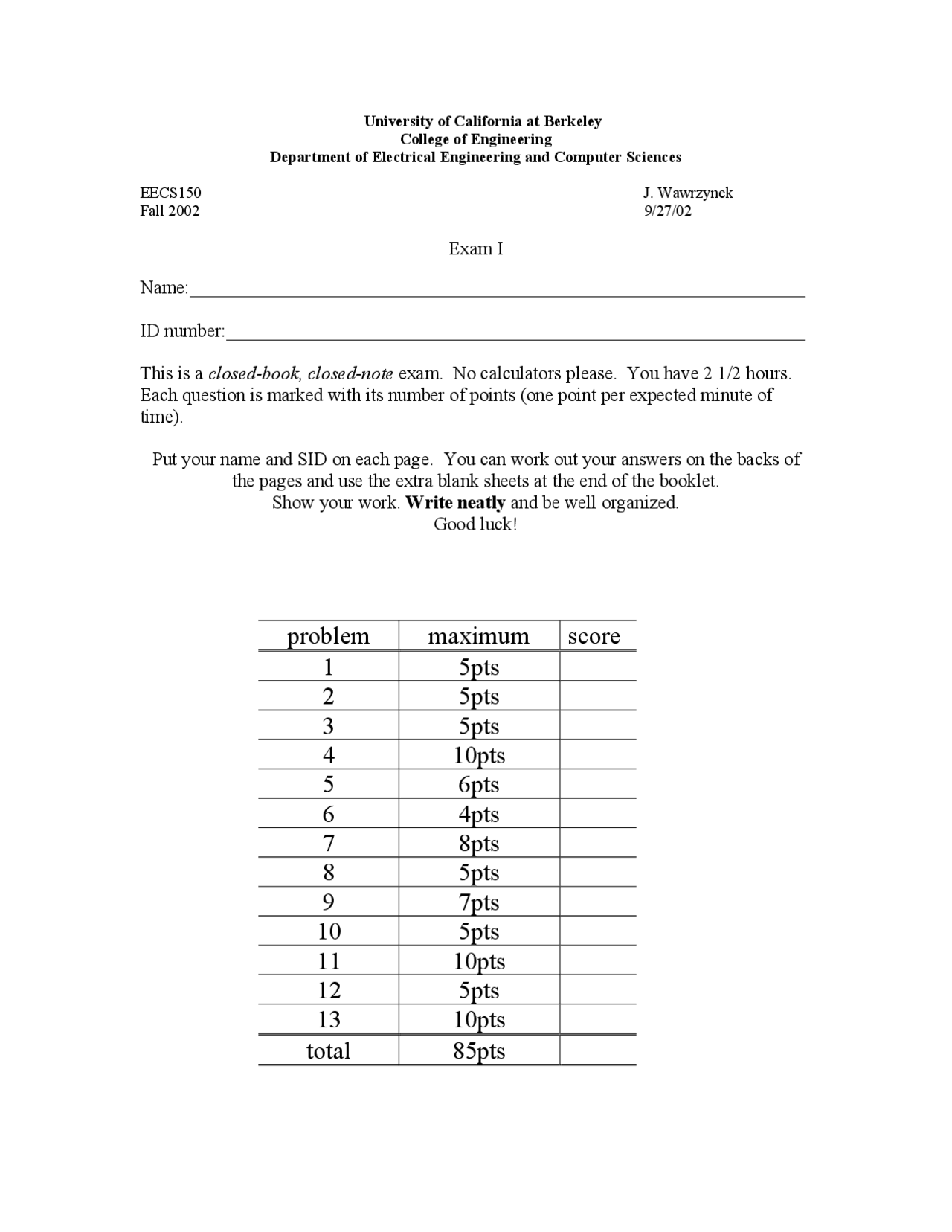 13 Problems On Exam 1 For Components And Design Techniques For Digital Compsci 150 Docsity