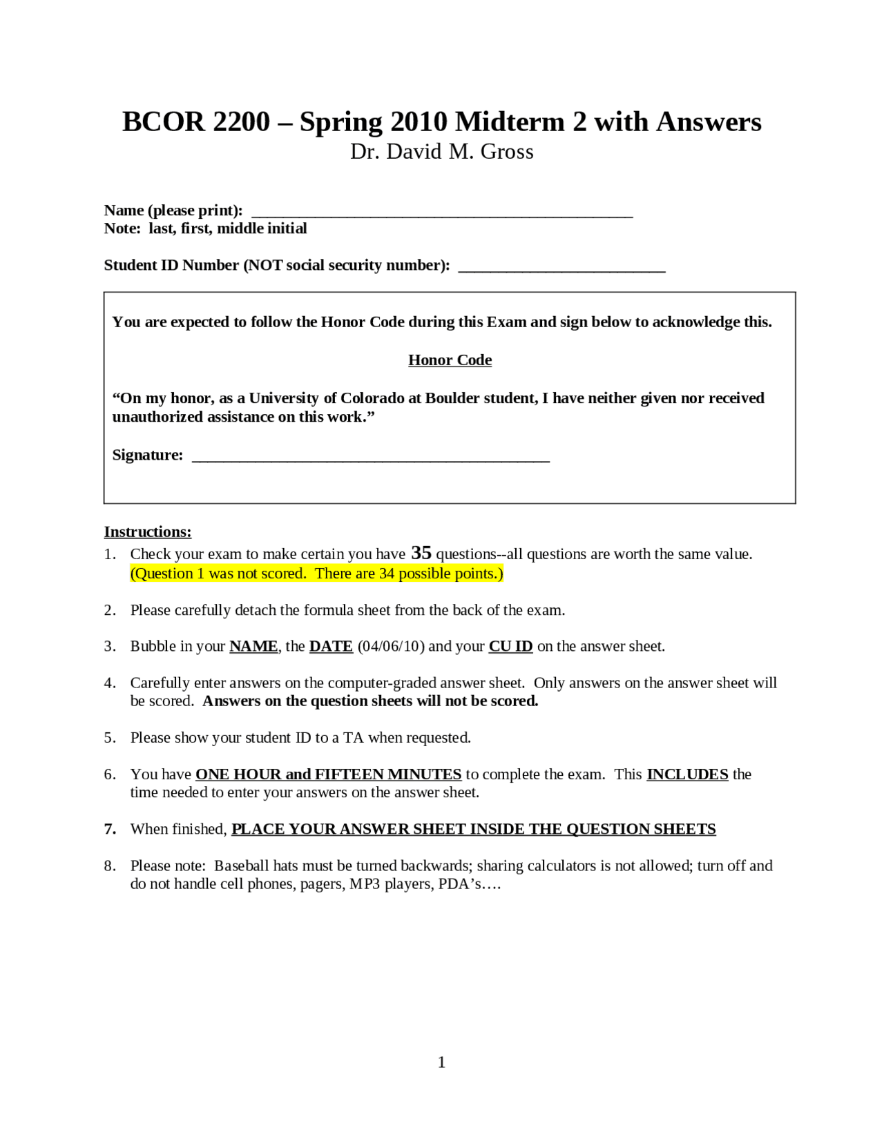 Midterm Exam 2 With Answers Introductory Finance Bcor 2200 Docsity