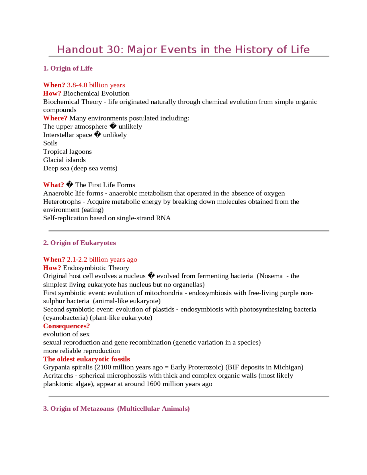 Major Events in Evolution of Life - Handout | GEOS 3604 | Study notes ...