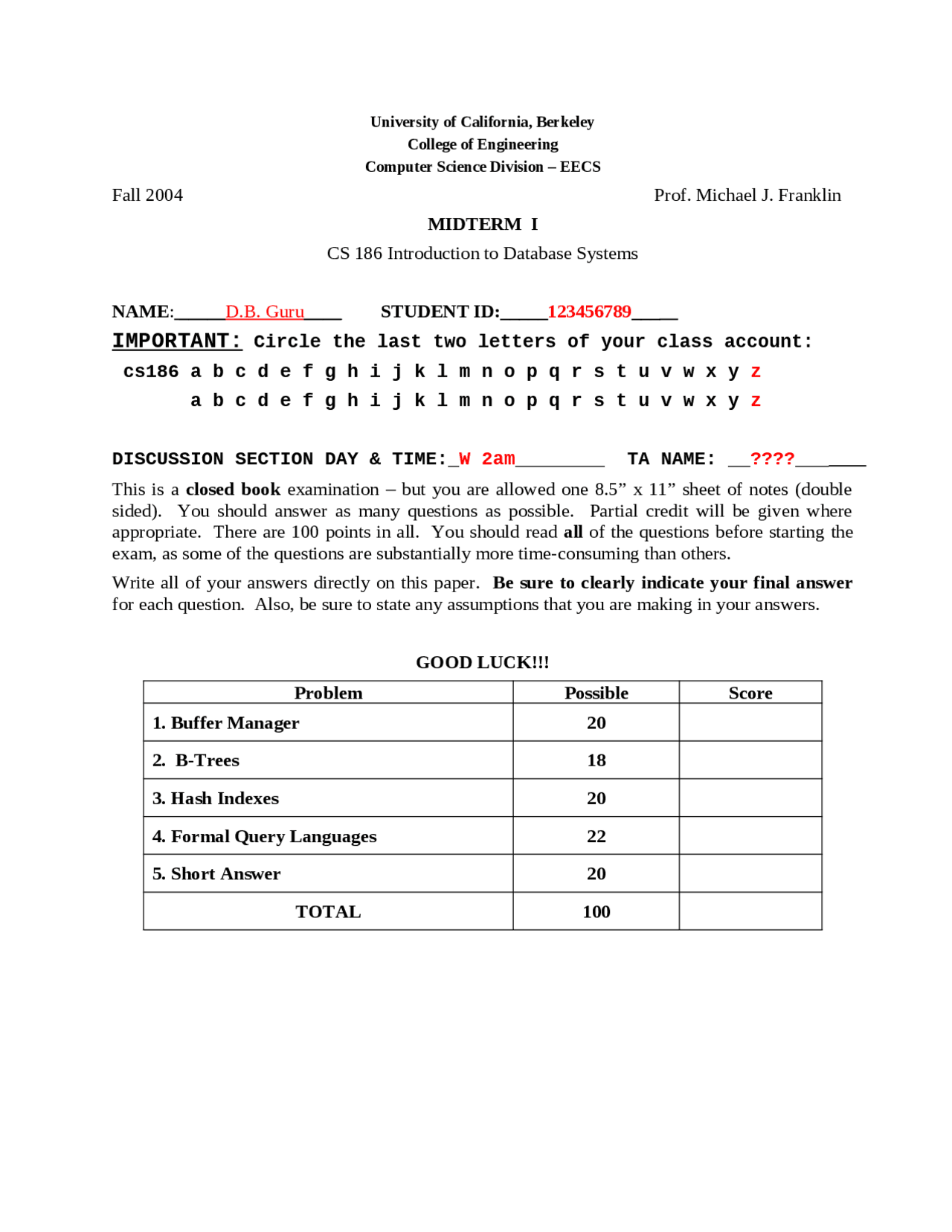 Introduction To Database Systems Exam 1 Compsci 186 Docsity
