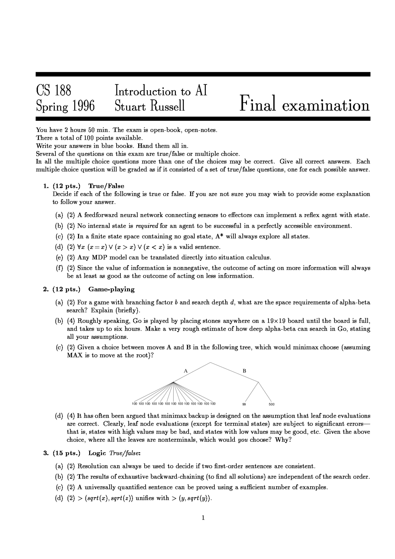 9 Solved Problems On Introduction To Al Final Exam Compsci 188