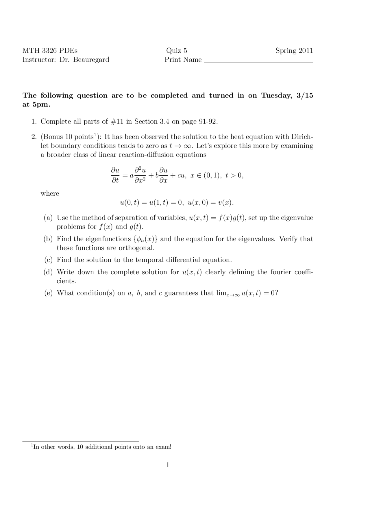 Practice Quiz 5 Partial Differential Equations Mth 3326 Docsity