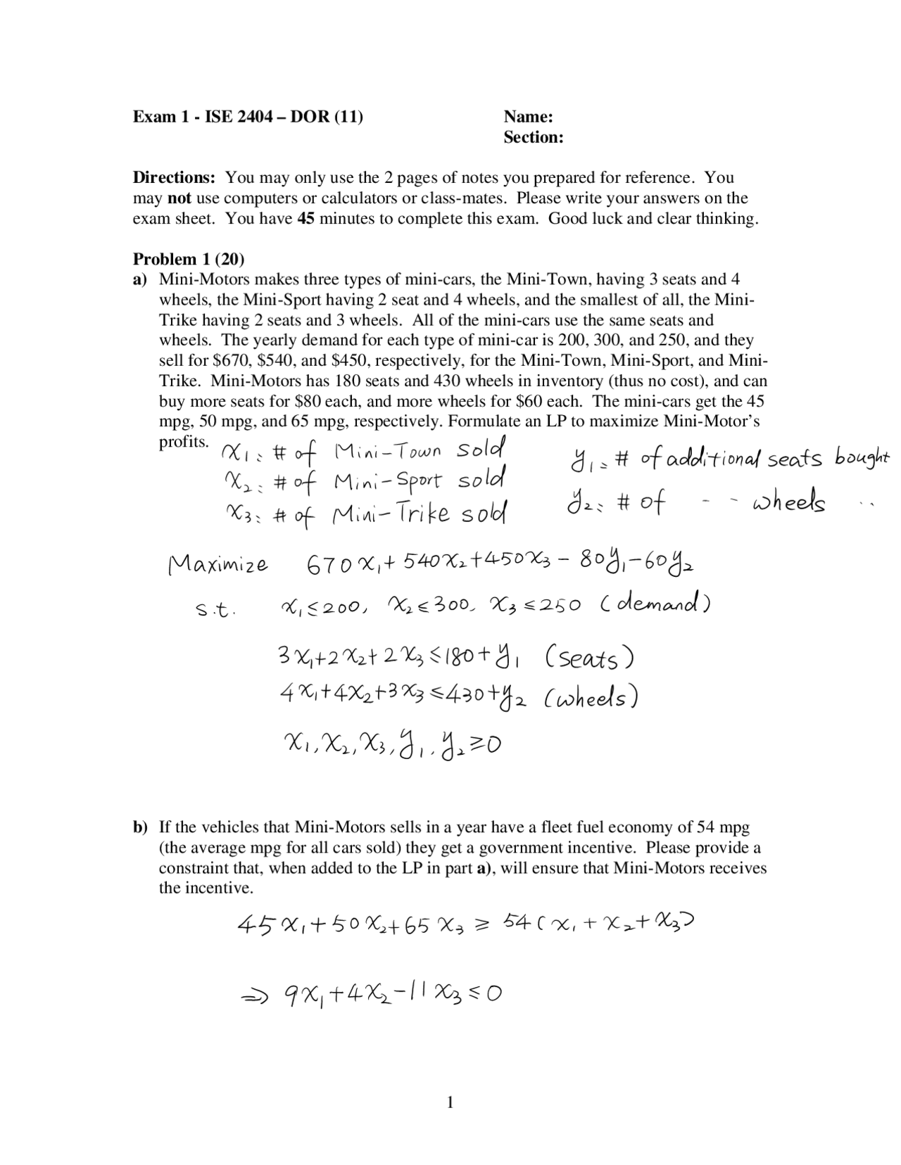Exam 1 Solved | Deterministic Operations Research I | ISE 2404 | Exams Operational Research ...