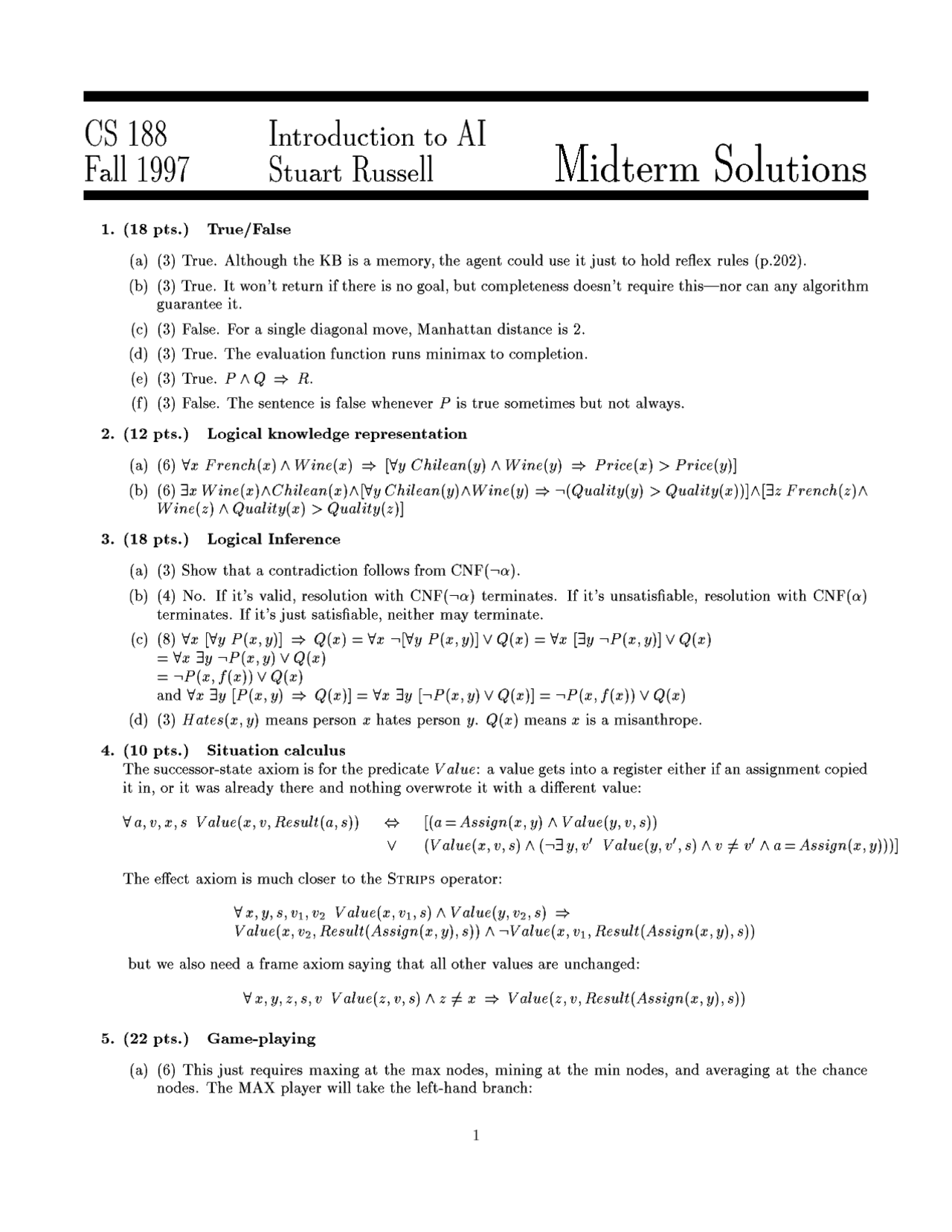 Introduction To Artificial Intelligence Midterm Solutions Compsci 188 Docsity