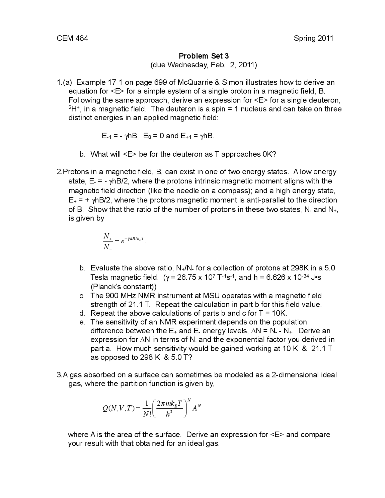 5 Questions With Solutions On Molecular Thermodynamics Cem 484 Docsity