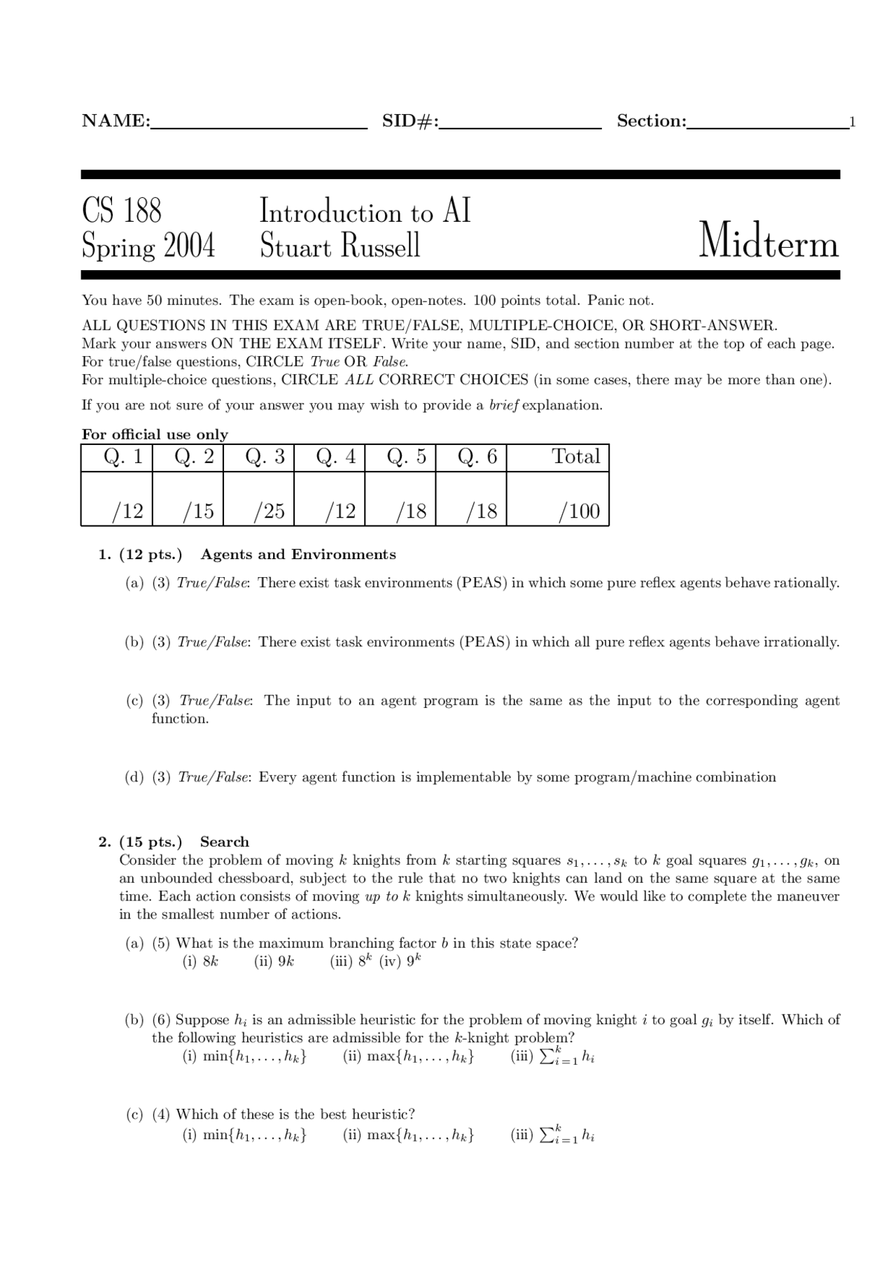 Practice Midterm Introduction To Artificial Intelligence Compsci 188 Docsity