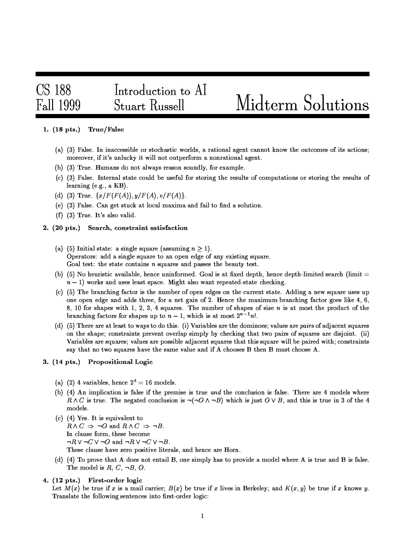 Solved Midterm Exam Introduction To Artificial Intelligence Compsci 188 Docsity
