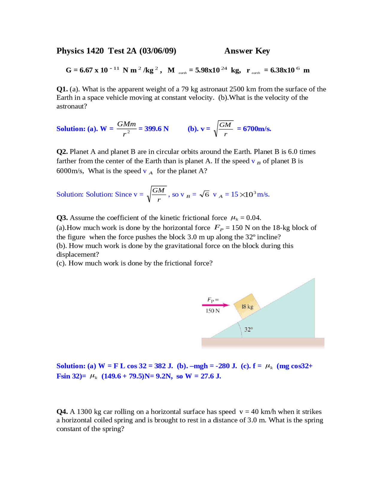 General Physics I - Test 2A with Answer Key | PHY 1420 - Docsity