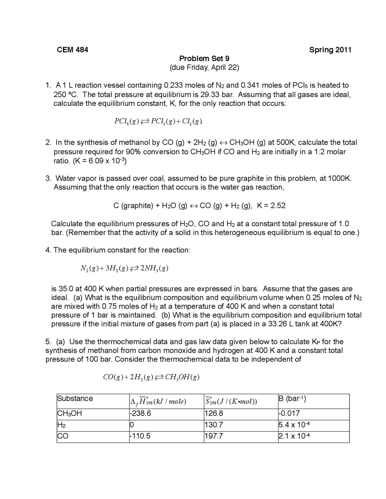Molecular Thermodynamics Problem Set 9 Cem 484 Docsity