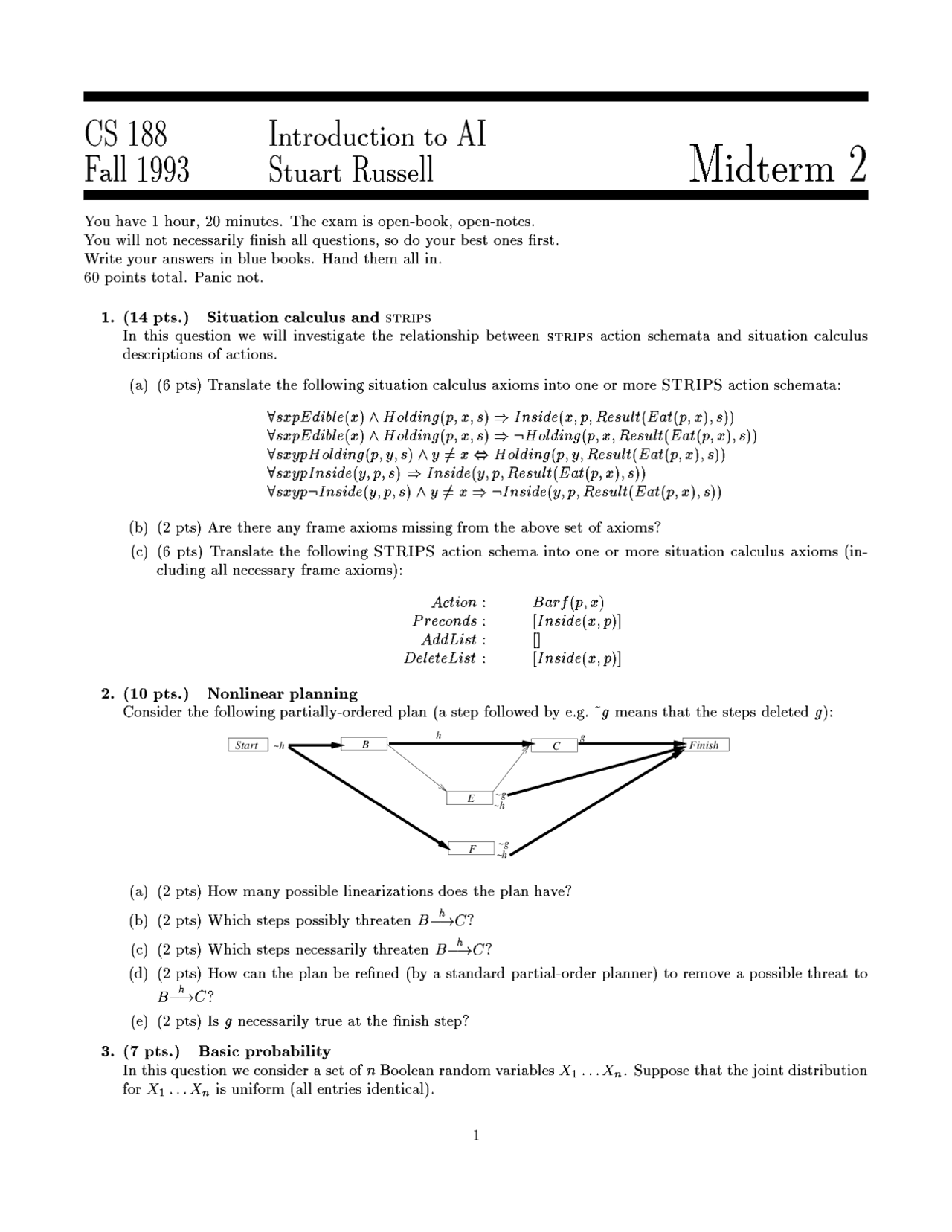 Introduction To Artificial Intelligence Midterm Exam 2 Compsci 188 Docsity