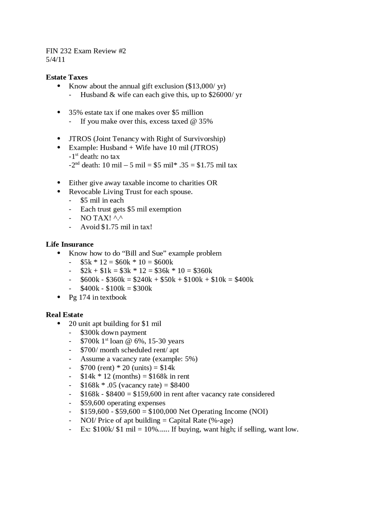 Introduction To Wealth Management Final Examination Review Fin 232