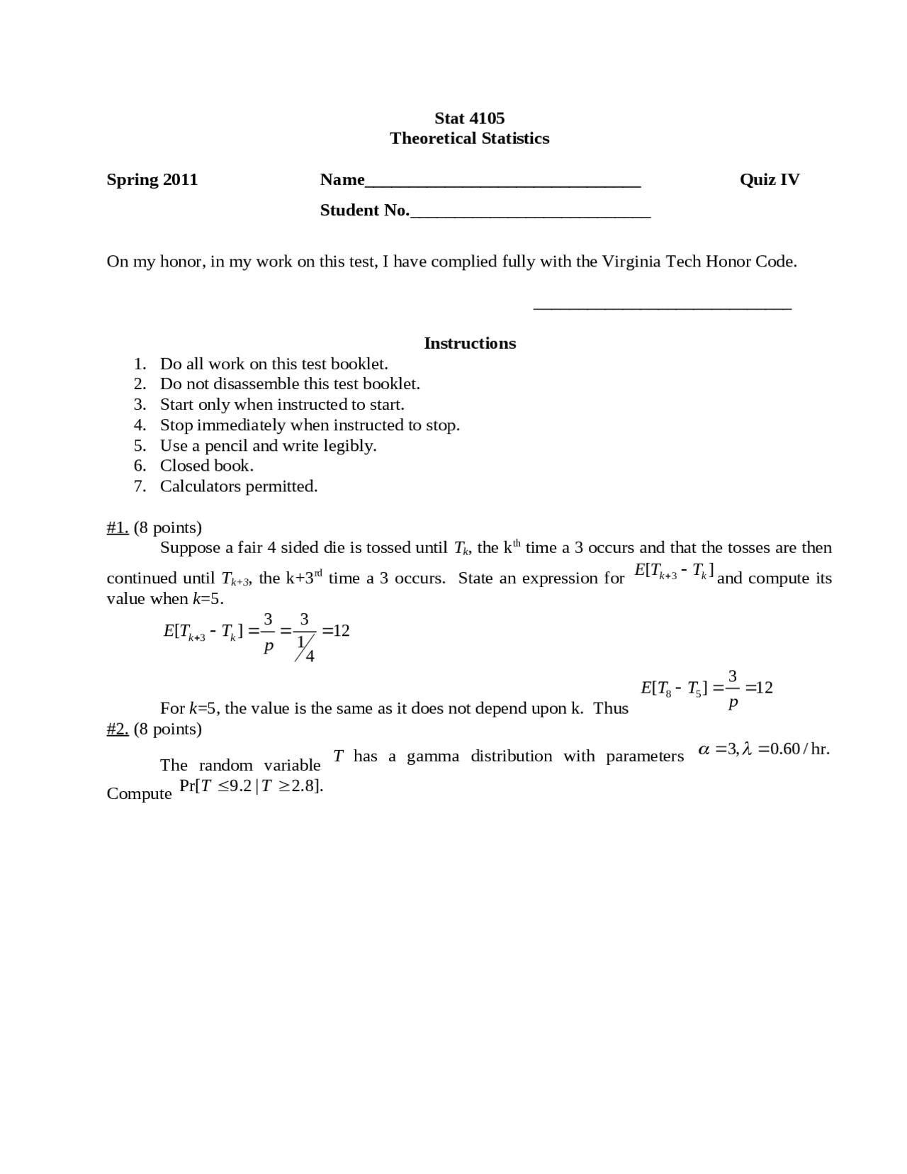 Quiz 4 With Solution Theoretical Statistics Stat 4105 Docsity