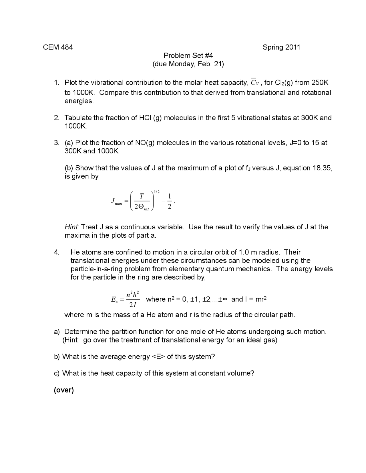 Problem Set 4 Questions Molecular Thermodynamics Cem 484 Docsity