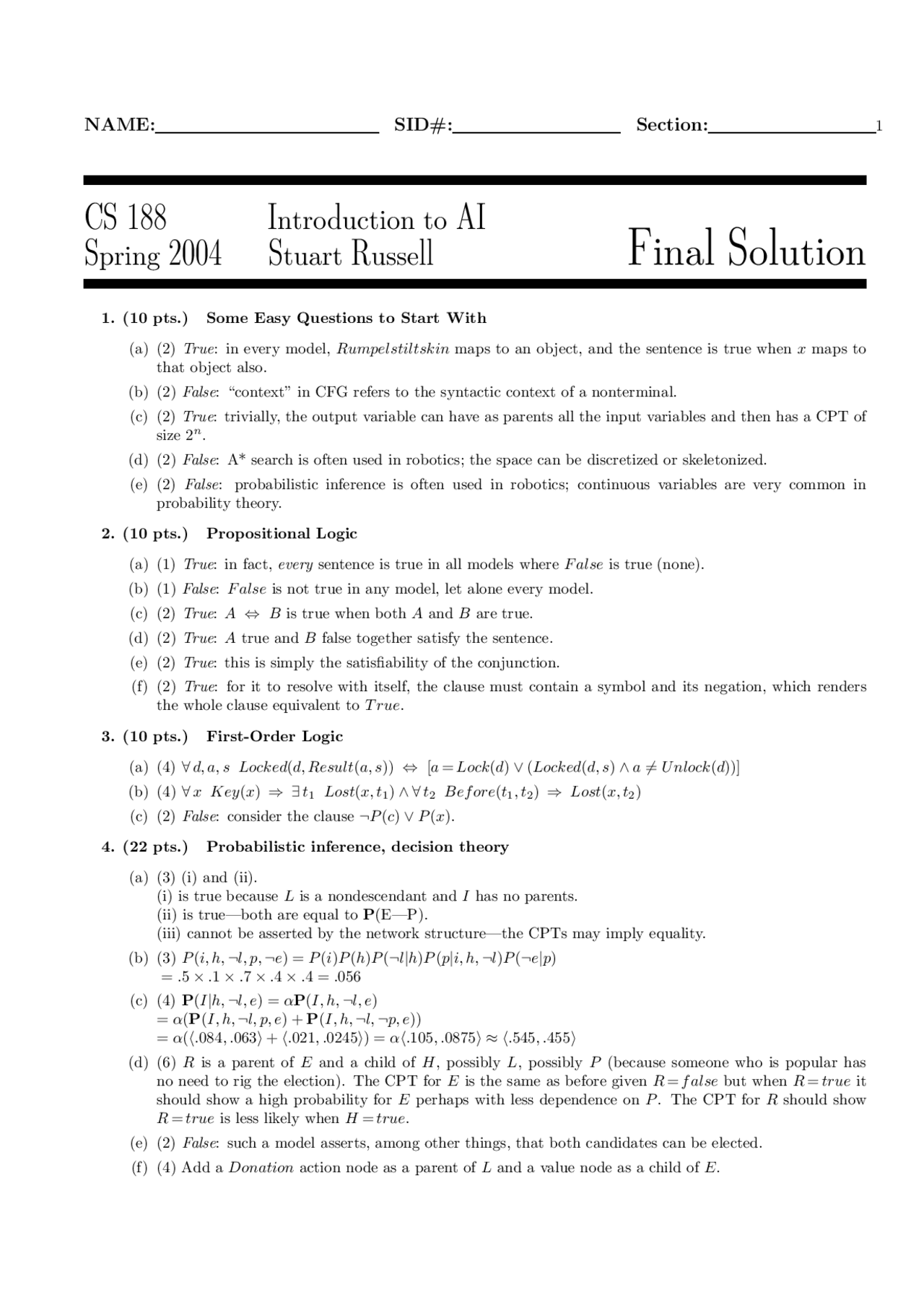 Solved Final Exam Introduction To Artificial Intelligence Compsci 188 Exams Computer