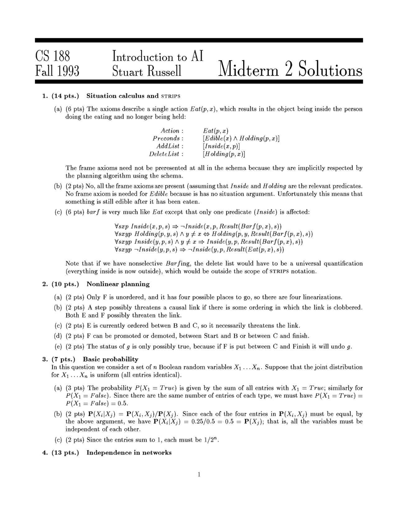 Solved Midterm Exam 2 Introduction To Artificial Intelligence Compsci 188 Docsity