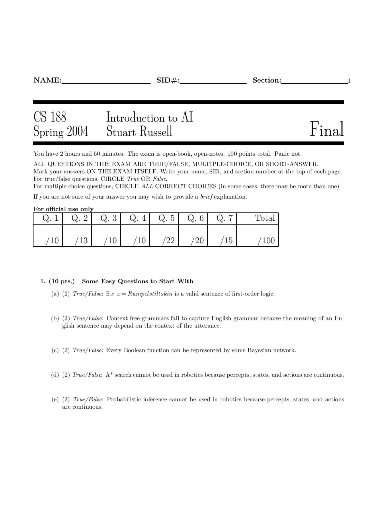 7 Questions for Final Exam - Introduction to Artificial Intelligence | COMPSCI 188 - Docsity