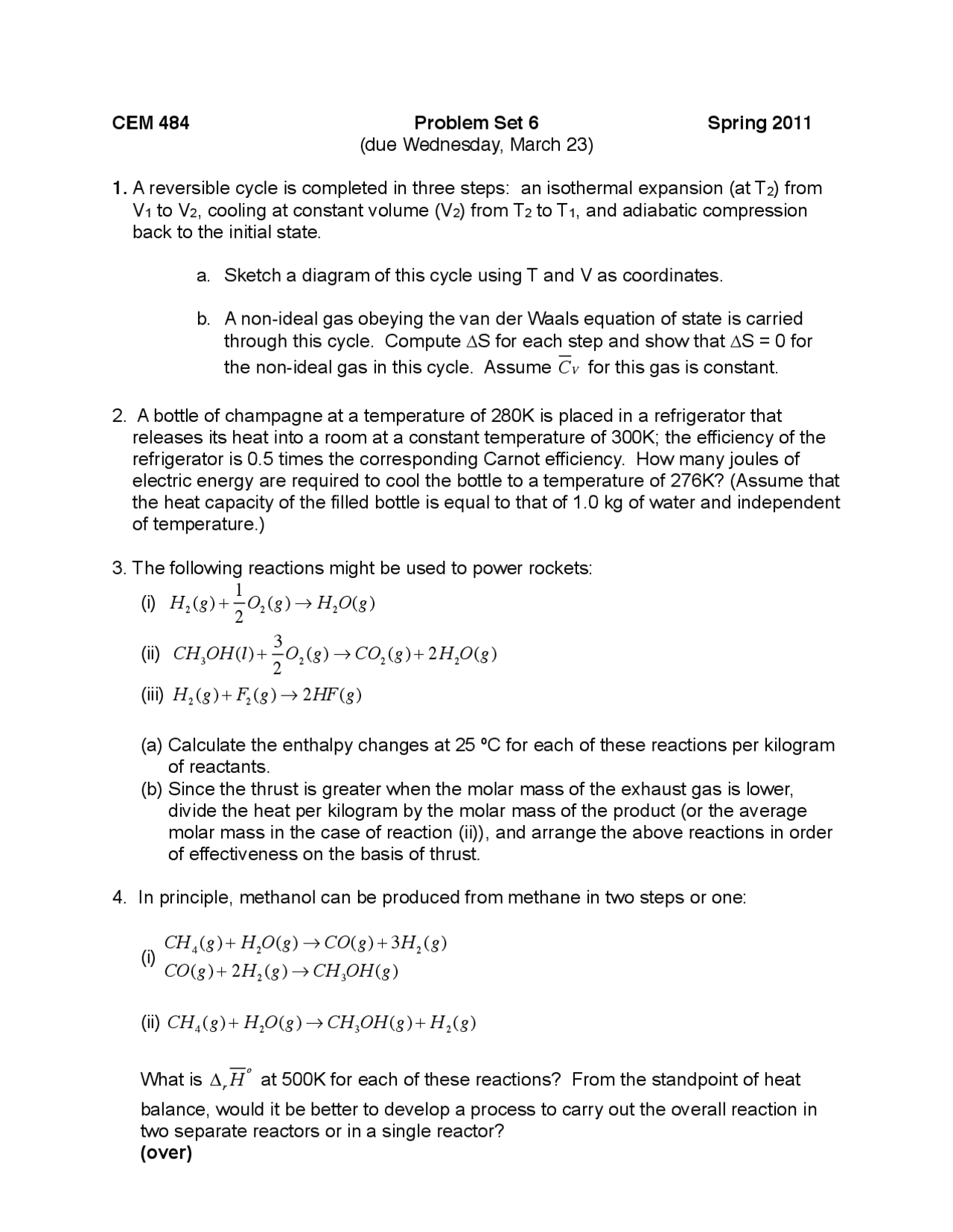 Problem Set 6 Molecular Thermodynamics Cem 484 Docsity