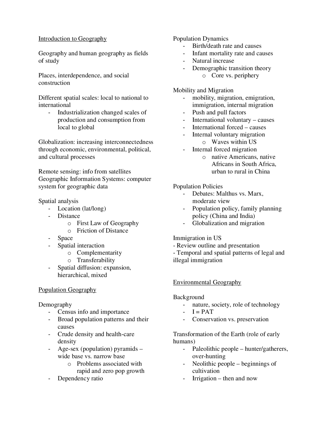 Exam Review Fall 2011 Introduction To Human Geography Geog 1004