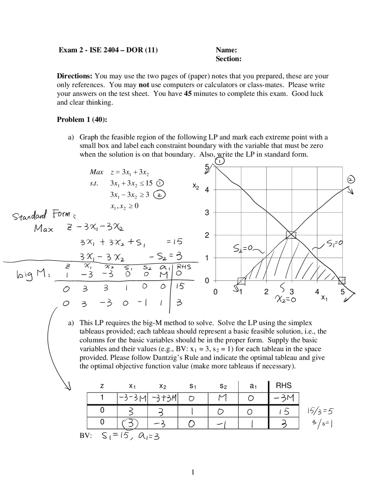 Solutions For Exam 1 Deterministic Operations Research I Ise 2404