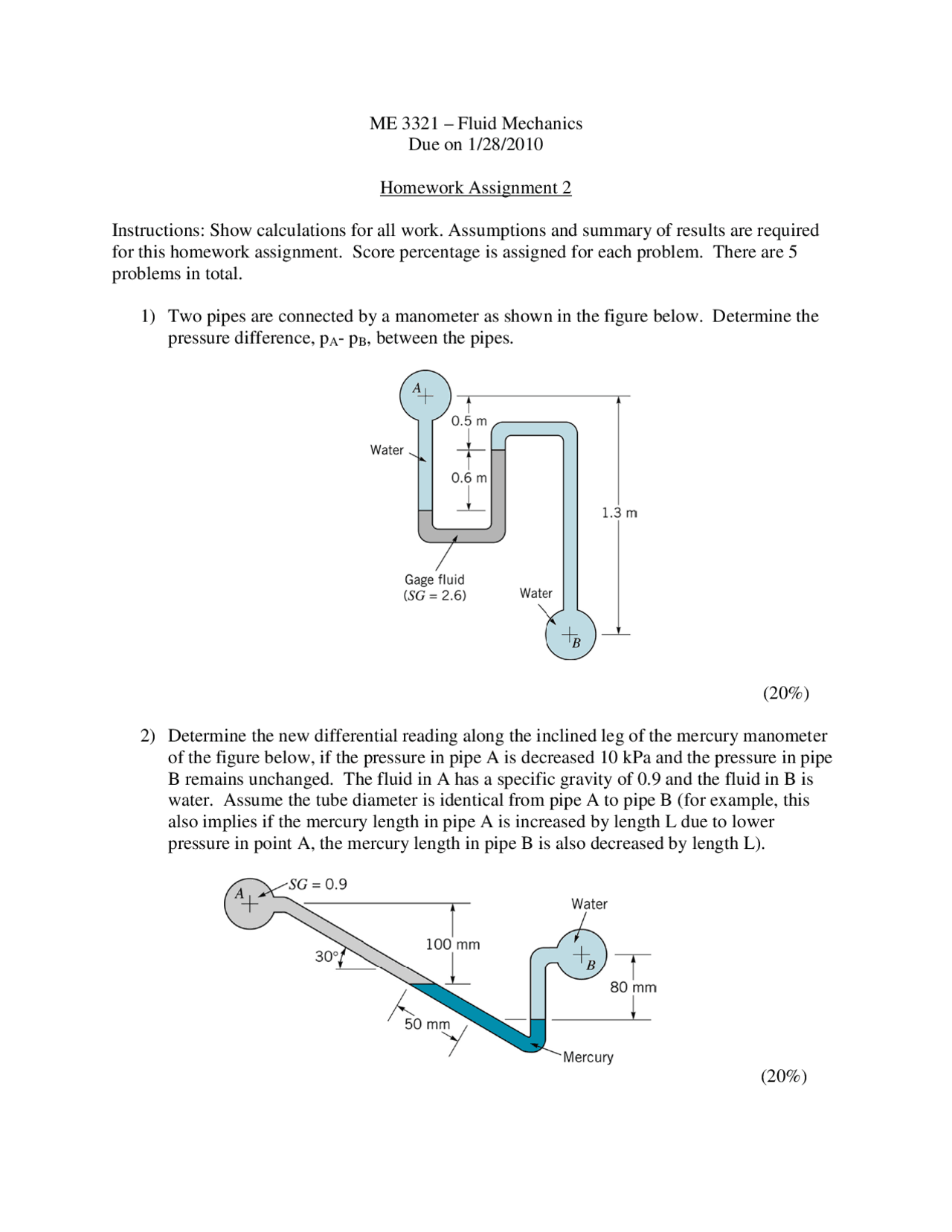 Homework 2 Questions on Fluid Mechanics | ME 3321 - Docsity