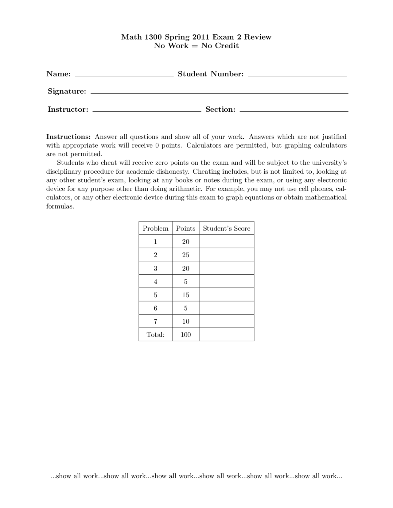 Exam 2 Review Finite Mathematics Math 1300 Exams Mathematics