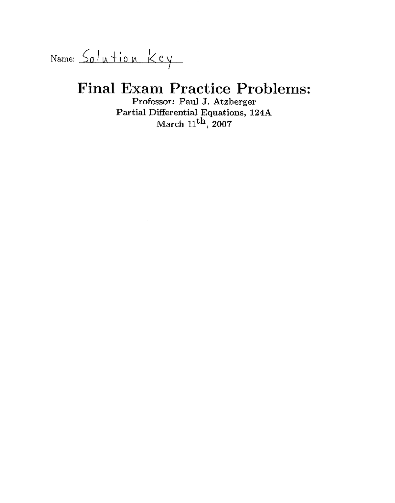 Solutions Key Final Exam Practice Problems Differential Equation