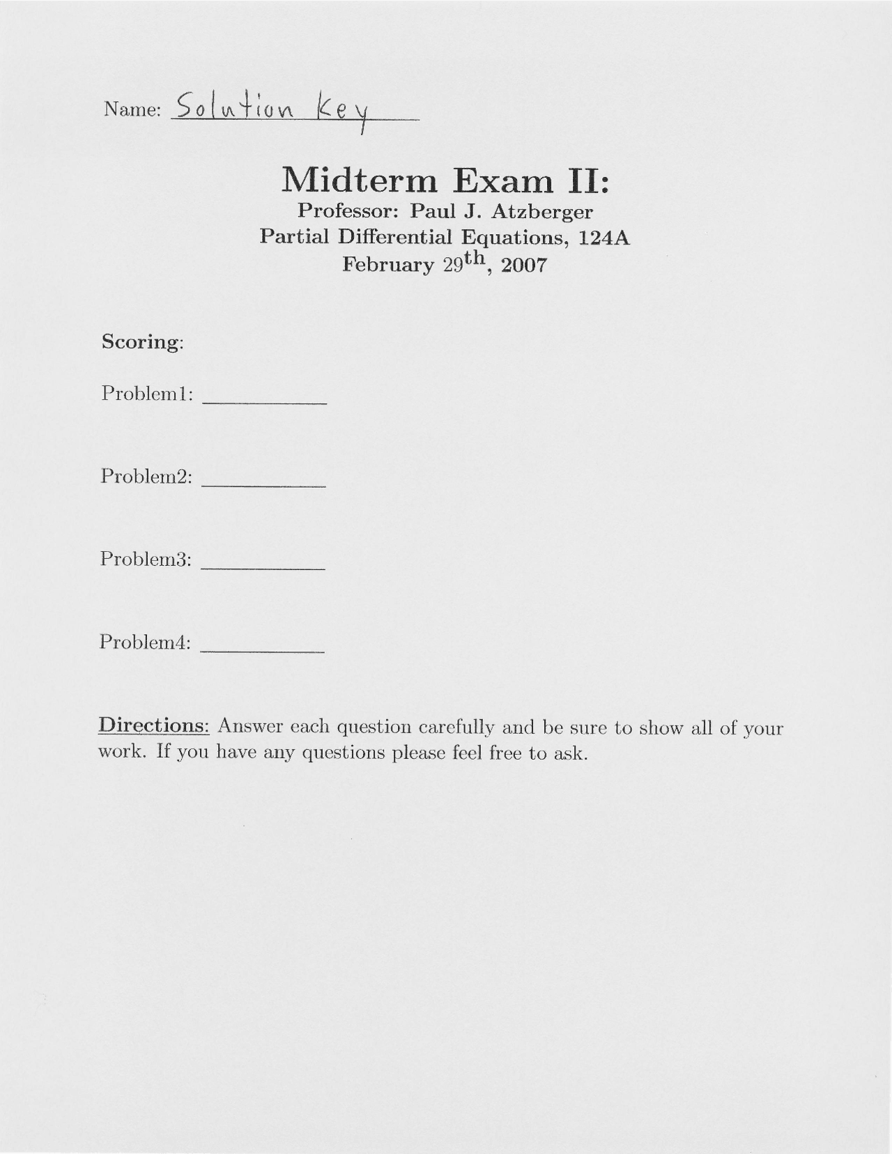 Solutions Key Exam 2 Differential Equation Math 124a Docsity